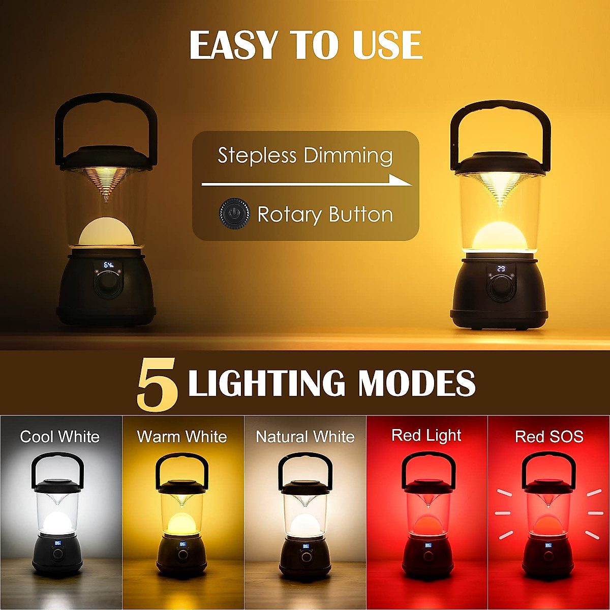 Sinvitron LED Camping Lantern Rechargeable, Up to 150H Play, 5 Light Mode, 5200mAh Power Bank, IPX5 Waterproof, Tent Lights Lantern Flashlight for Power Outages, Hurricane, Emergency, Home (Black)