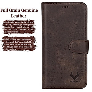 VENOULT Detachable Leather Wallet Case for iPhone 15 Pro, Man or Women Folio Cover, Compatible with Magsafe, RFID, Genuine Leather Card Holder Flip Case, Kick Stand (Chocolate Brown)