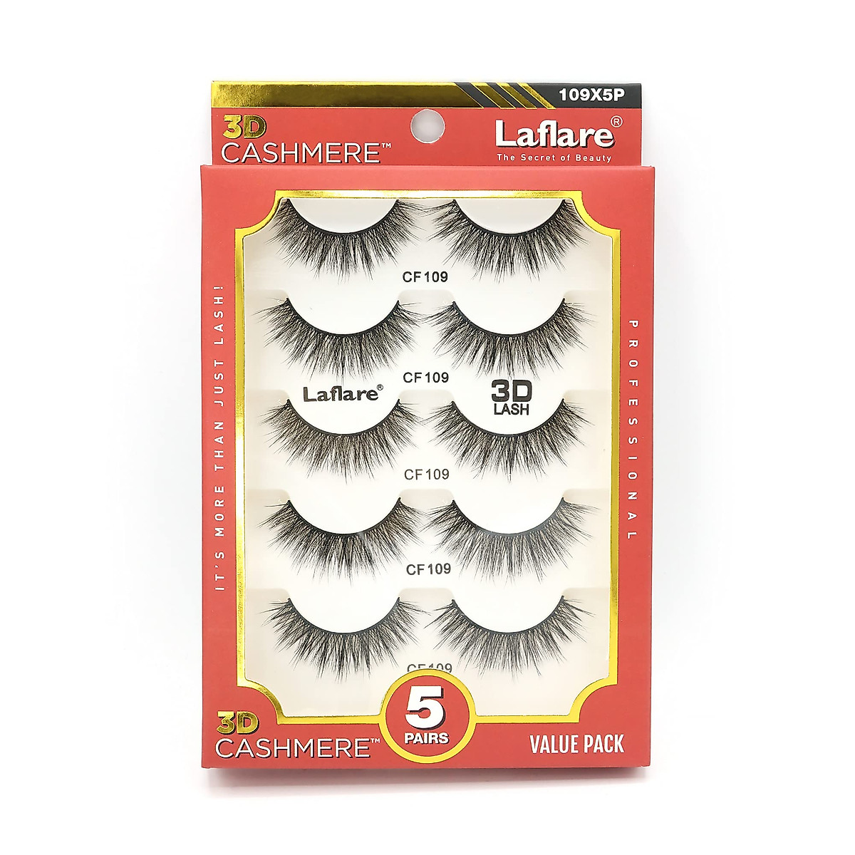 Laflare 3D Cashmere False Eyelashes Multipack, Ultra Soft, Glam, Luxurious, Cruelty-Free, Reusable, Fake Eyelashes 5 Pairs Value Pack (109X5P)