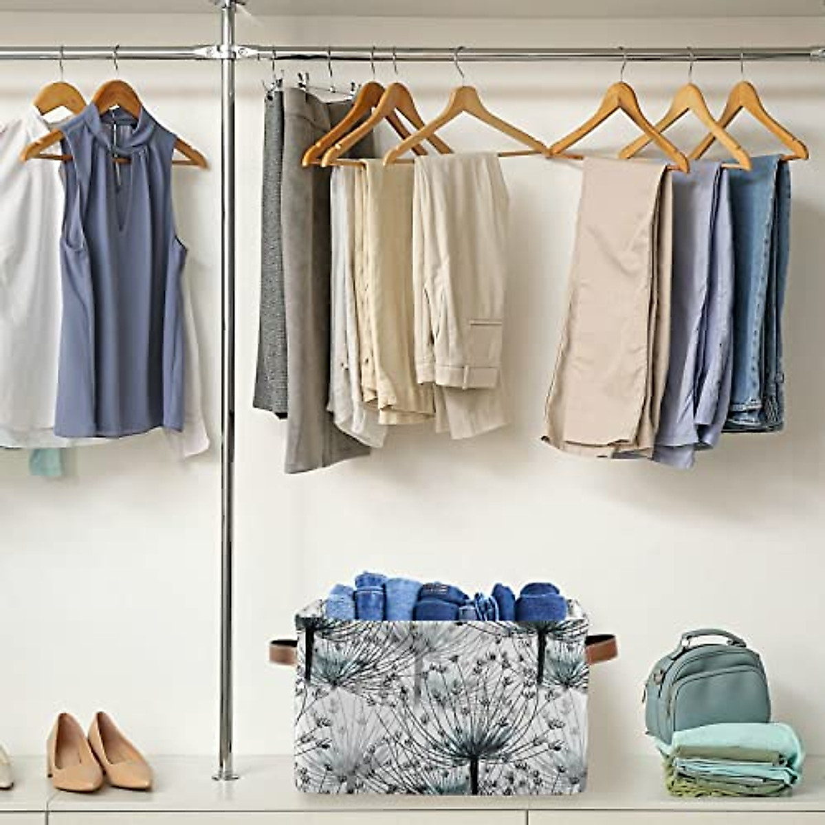 Nature Flowers Leaves Storage Basket Set of 2 Large Fabric Dandelion Storage Basket Bins Box Cube with Handles Collapsible Closet Shelf Clothes Organizer Basket for Nursery Bedroom