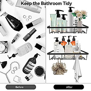 KAREEME Shower Caddy, Shower Shelf with 8 Hooks, 5-Pack Self Adhesive Bathroom Shower Organizer with 2 suction cup hooks, No Drilling Stainless Steel Rustproof Shower Shelves for Inside Shower(Black)