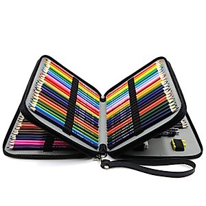 YOUSHARES 120 Slots Pencil Case - PU Leather Handy Multi-layer Large Zipper Pen Bag with Handle Strap for Prismacolor Watercolor Pencils, Crayola Colored Pencils, Marco Pens and Makeup Brush (Black)
