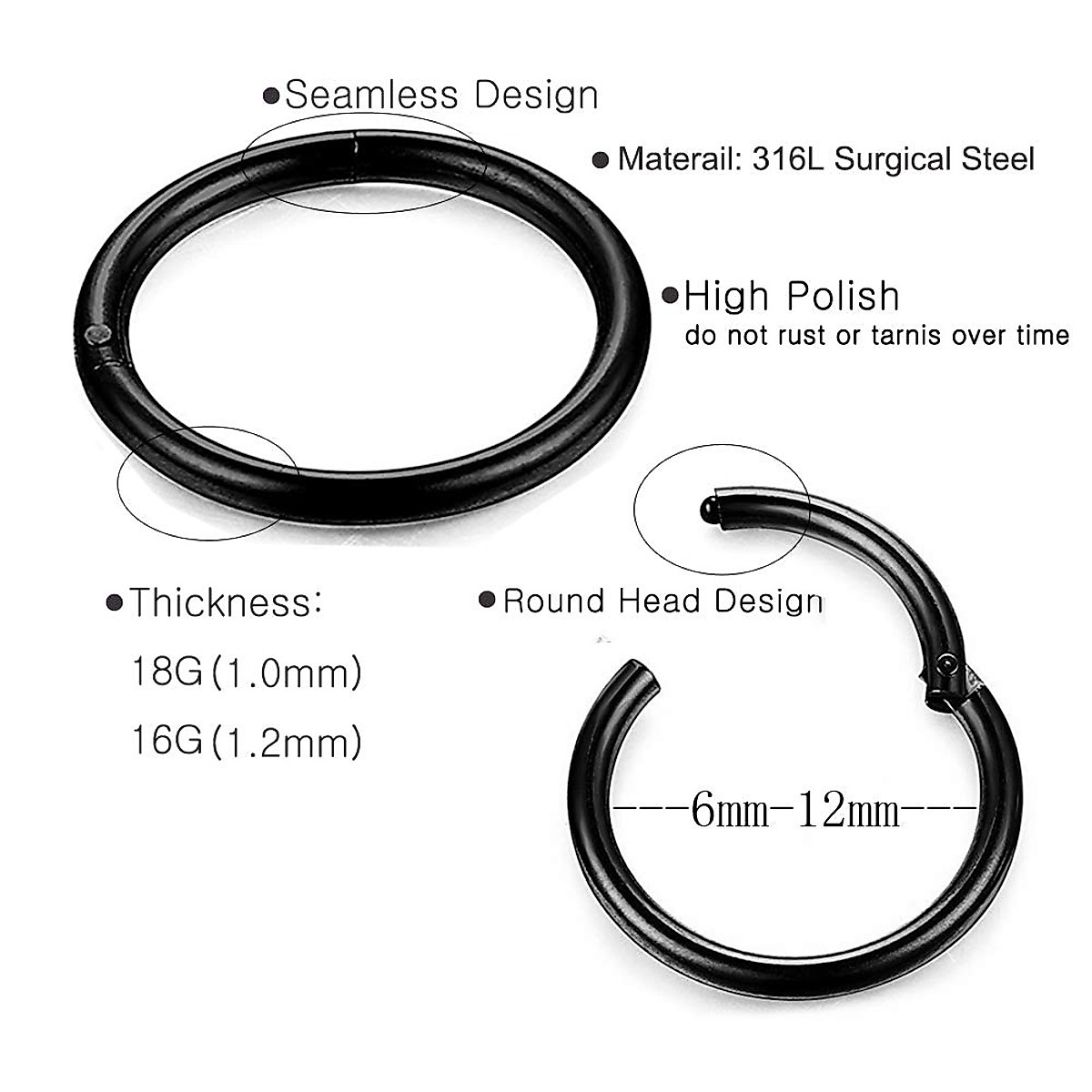 Stainless Steel 16G Seamless Hinged Hoop Nose Ring 8mm Cartilage Tragus Lip Snug Body Piercing Jewelry