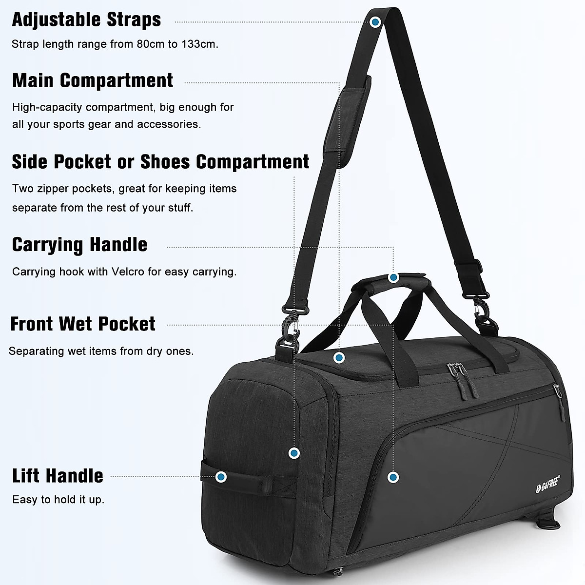 G4Free 45L/60L 3-Way Duffle Backpack Gym Bag with Wet Pocket & Shoes Compartment Sports Travel Weekender Overnight Duffel Bag