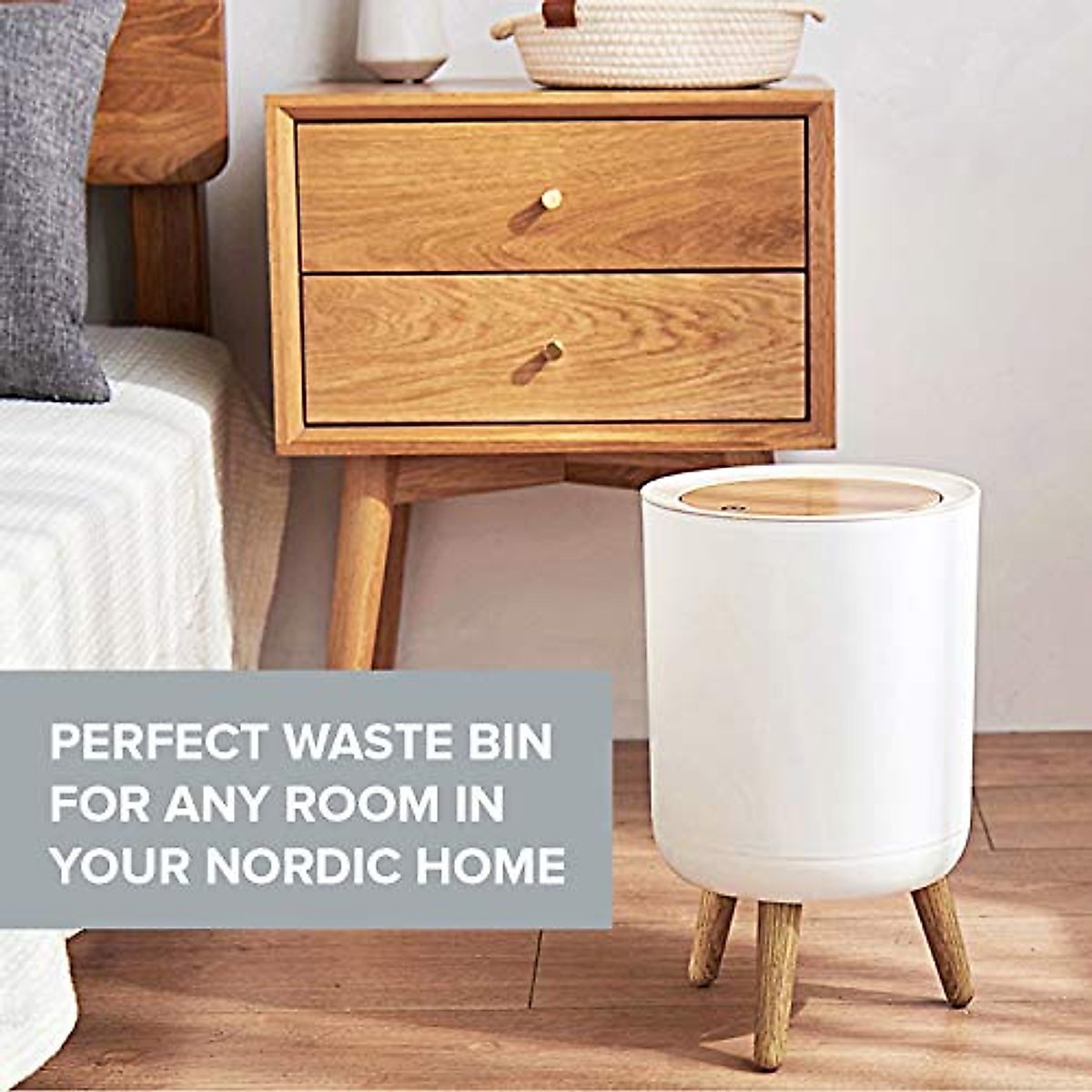 Nordic Style Trash Can (1-Pack) - Push Top Trash Can with Lid - 14.3" x 8.7" White Top Spring Waste Basket - Scandinavian Modern Garbage Can - Round Trash Bin w/ Legs - Kitchen/Bathroom Trash Can I 1.8 Gallon - 7L