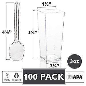 Ilyapa 100 Pack 3 ounce Dessert Cups, Plastic 3oz Dessert Cups with Spoons, Mini Shooters 3 oz, Cheesecake Shooter Cups, Chocolate Mousse Cups, Appetizer & Breakfast Brunch Accessories, Round