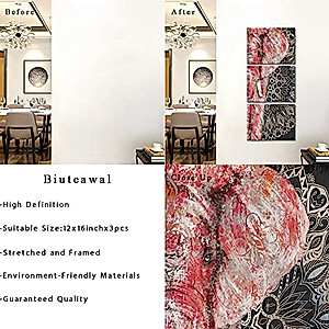 Biuteawal 3 Pieces Black Red Canvas Wall Art Tribal Elephant Pictures Mandala Painting Prints Animal Framed Artwork Home Living Room Bedroom Bathroom Decoration Framed Ready to Hang