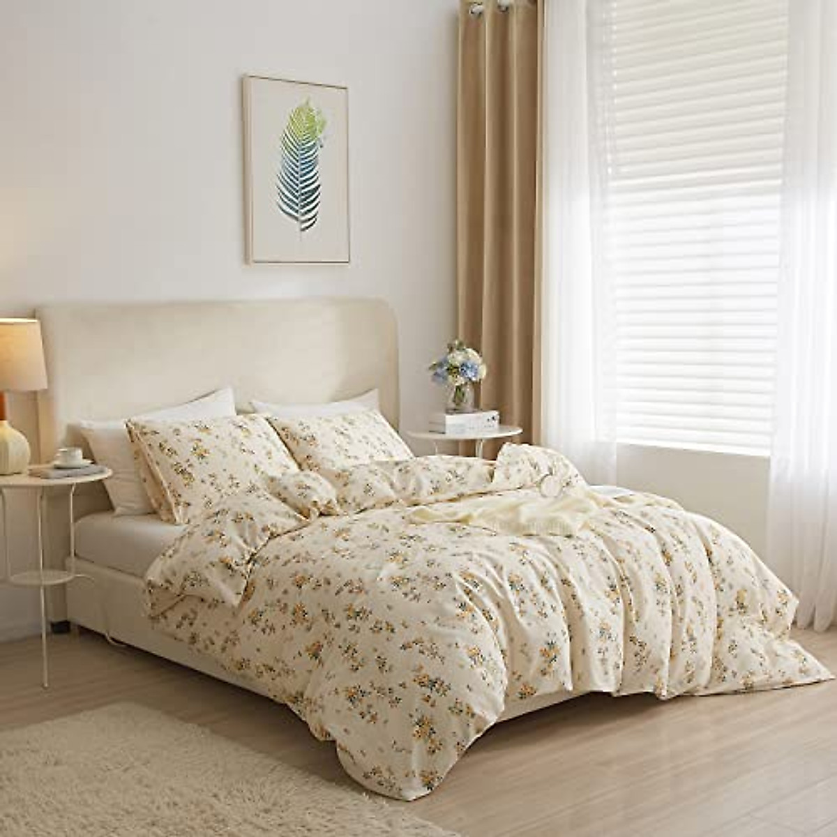 EAVD Yellow Botanical Floral Duvet Cover Queen Soft Cotton Reversible Floral Bedding Sets Full Aesthetic 1 Botanical Duvet Cover with 2 Pillowcases Chic Garden Flower Bedding Sets for Girls Women