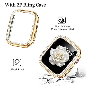 Mosonio Compatible with Apple Watch Band 40mm with Case Women, Jewelry Replacement Metal Wristband Strap with 2 Pack Bling PC Protective Cover for iWatch Series 6/5/4(Rose Gold)