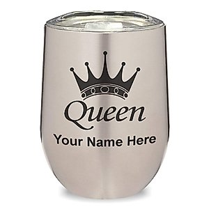 LaserGram Double Wall Stainless Steel Wine Glass Tumbler, Queen Crown, Personalized Engraving Included (Stainless Steel)