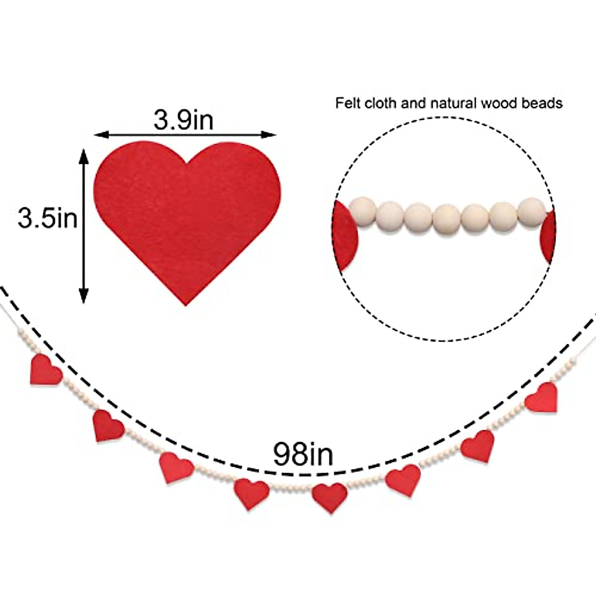 Valentine's Day Wood Bead Garland for Fireplace Mantel - Red Felt Hearts Love Decor Banner Natural Boho Modern Farmhouse Beaded Wall Hanging, Engagement Banner Photo Backdrop