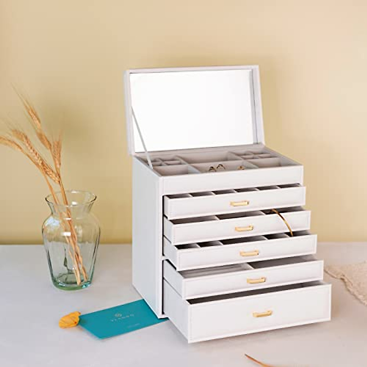 Vlando 6 Tier Large Jewelry Storage Box with Mirror, Huge Jewelry Box Organizer Storage of Necklace Ring Earring Bracelets Watches (White)