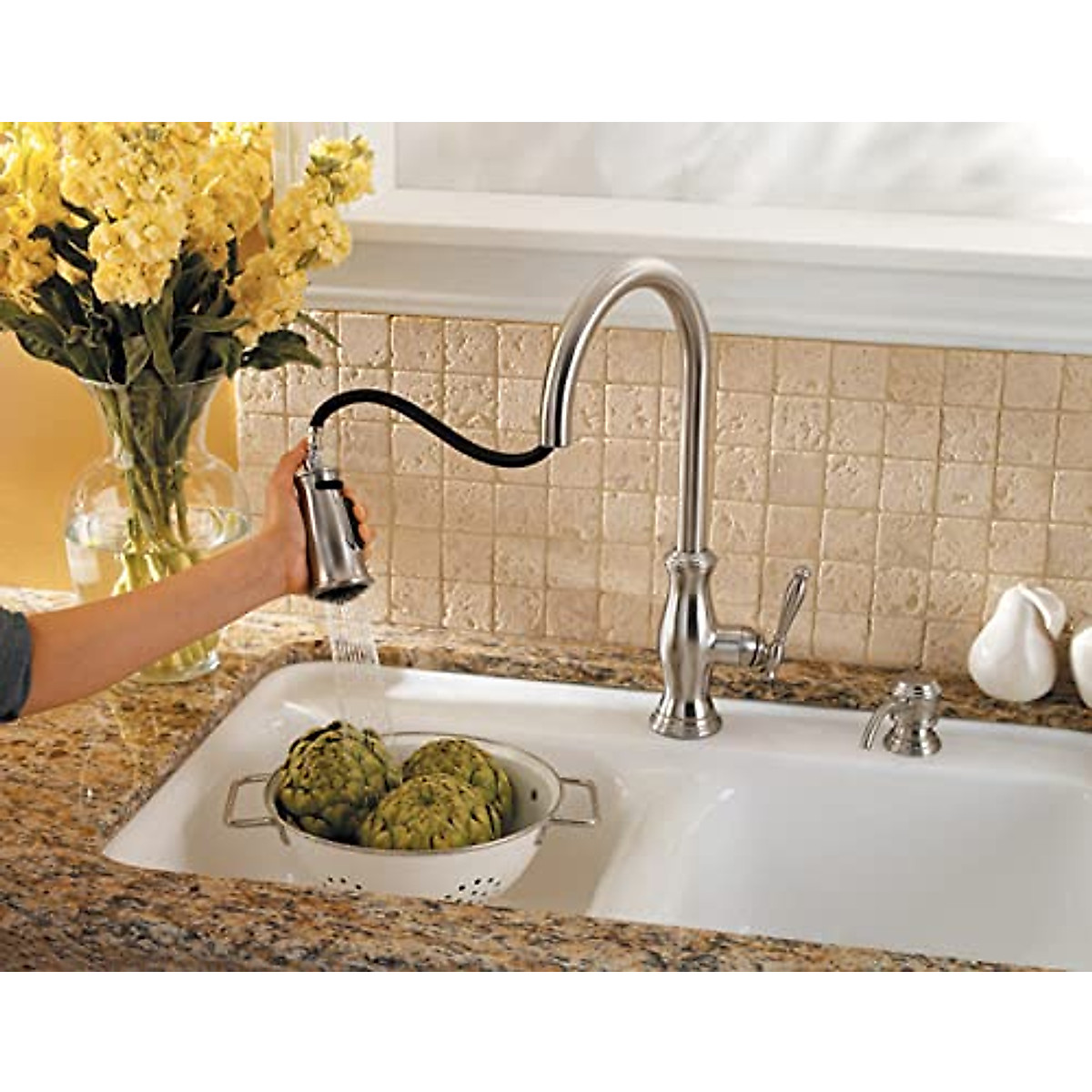 Pfister GT529-TMY Hanover 1-Handle Pull-Down Kitchen Faucet with Soap Dispenser, Tuscan Bronze