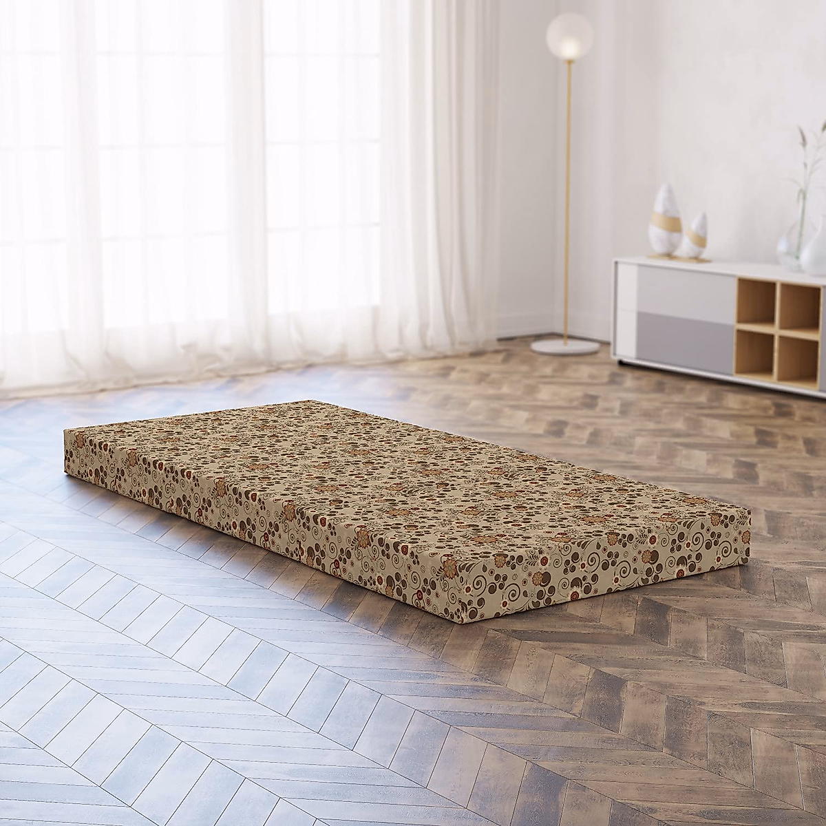 Ambesonne Grunge Foldable Mattress, Swirls Curves and Dots, 74.8" x 35.4", Tan Redwood Pale Brown