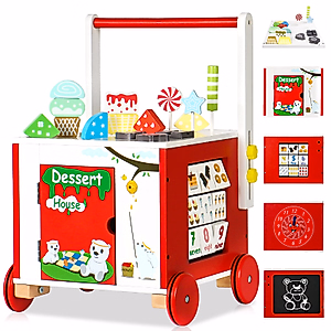 Baby Walker for Girls - Wooden Activity Cube Center for Baby with Pretend Food, Chalkboard, Clocks 6 in 1 Educational Learning Toys for Toddlers - Gift for 1 Year Old Girls & Boys - Easy Assembly