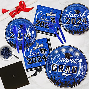 LELEMON Graduation Party Supplies Serves 25 Graduation Party Blue Class of 2024 Tableware Disposable Dinner Plates Dessert Plates Napkins Knife Fork Spoon for Congrats Grad Party Decorations