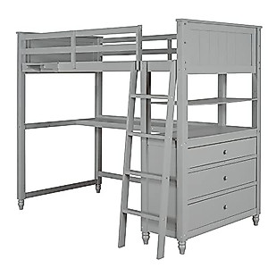Twin Size Loft Bed with Desk and Drawers, Solid Wood Loft Bed with Storage Shelves for Kids Teens Adults - Gray