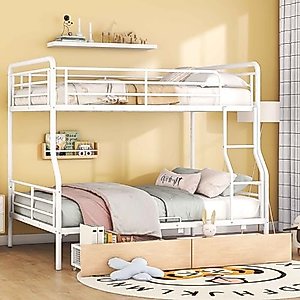 ATY Metal Bunk Bed Full XL Over Queen Size with 2 Drawers, Convertible Sturdy Bedframe w/Ladder and Guardrail, Can Seperated into 2Beds,No Box Spring Needed, for Kids, Teens, Adults, White