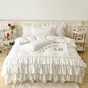 IHOUSTRIY Ruffle Duvet Cover Queen Size,100% Washed Microfiber 3pcs Bedding Duvet Cover Set, Shabby Chic Farmhouse Duvet Cover and Pillow Shams, Zipper Closure & Corner Ties, Easy Care, White - Queen