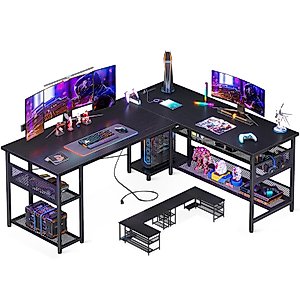 ODK 59" L Shaped Desk with Power Outlet and USB Charging Ports, Reversible L Shaped Computer Desk with Storage Shelves, Home Office Desk, Gaming Desk, Corner Desk, Black
