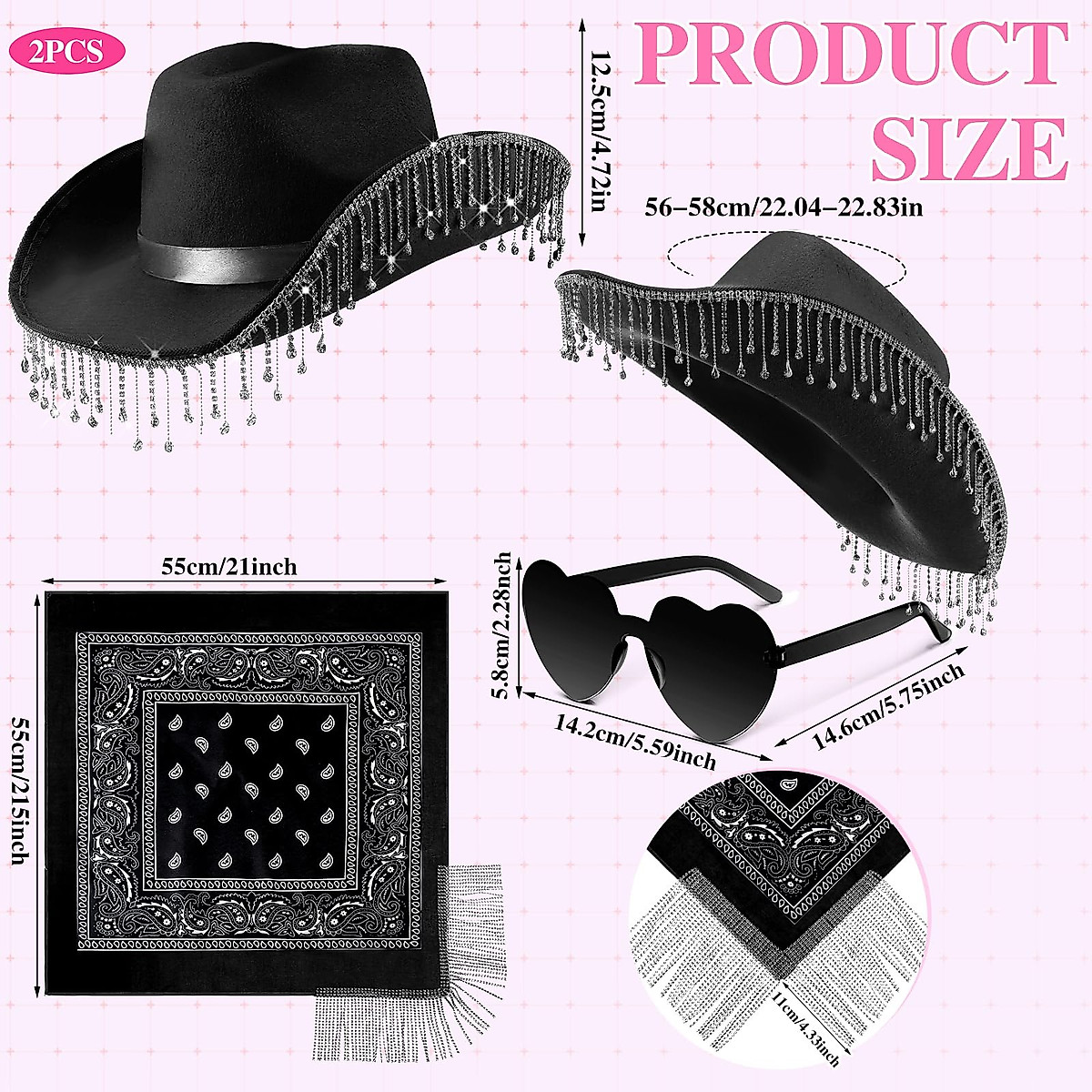 Leumoi 3 Pcs Rhinestone Cowgirl Hat with Fringe Rhinestone Bandana and Heart Sunglasses Bling Diamond Fringe Cowboy Hat (Black)