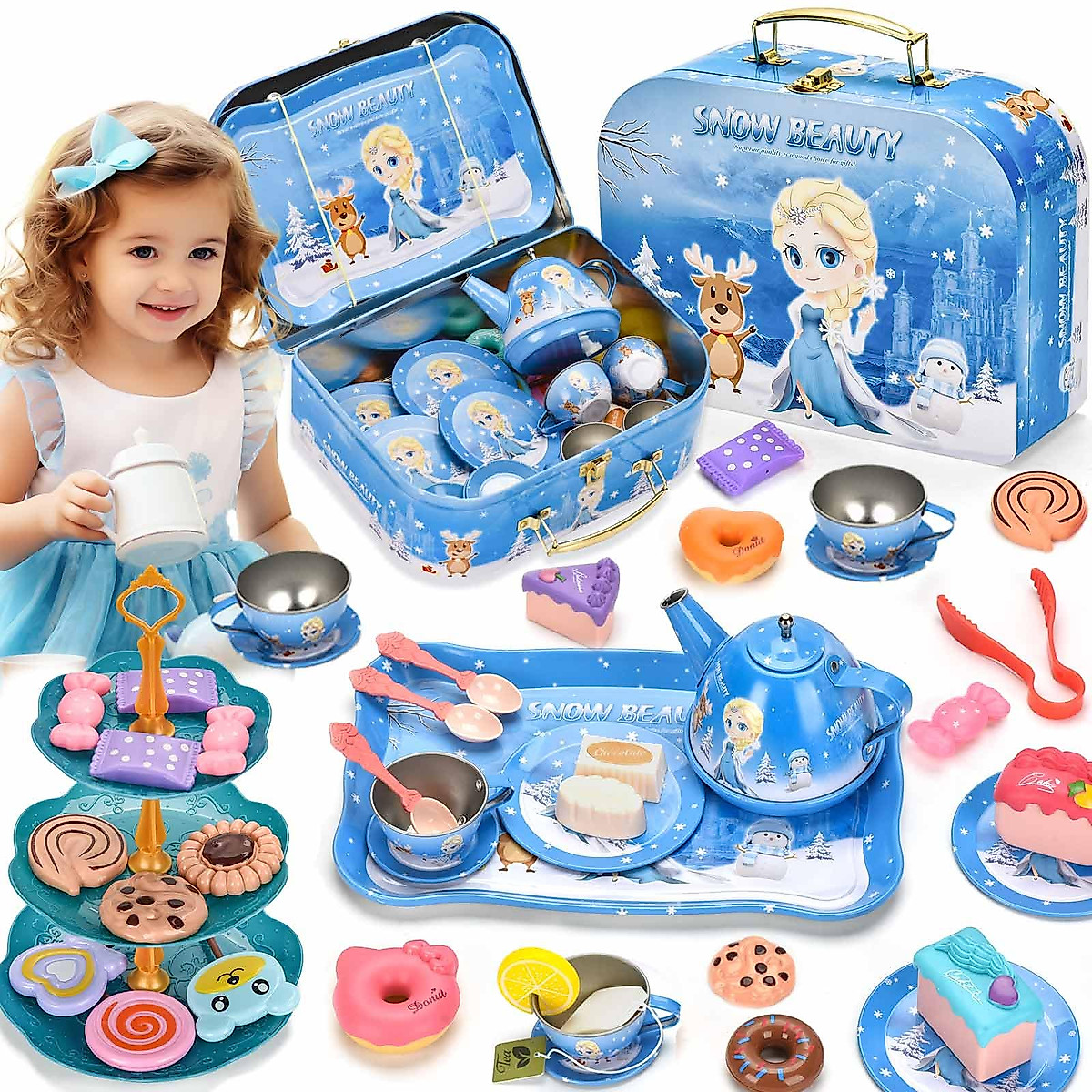 Lajeje 52Pcs Tea Party Set for Little Girls-Frozen Toys for Girls, Elsa Princess Tea Party Set for Little Girls, Kitchen Pretend Toy with Tin Tea Set, Desserts, Birthday Gift for Age 3-6 Year Olds