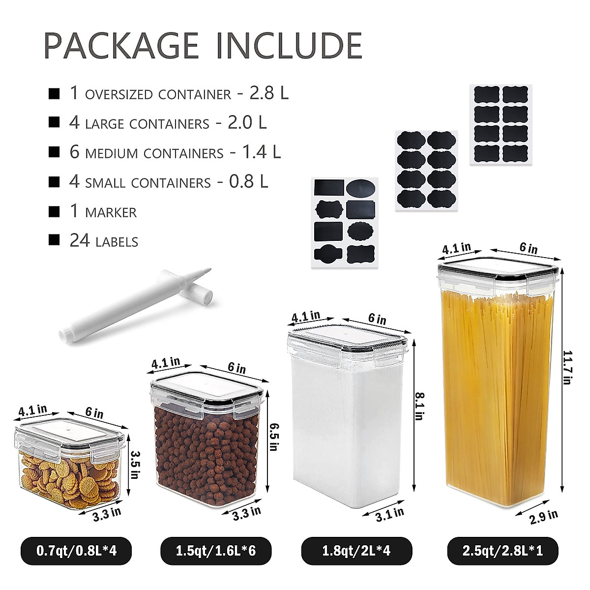 Cereal Container, Set of 4 Airtight Food Storage Containers 135.2oz Large, BPA Free Food Container Pantry for Kitchen Dry Food Storage & Pet Dog Food Storage Bins with Lids (24 Labels & 1 Marker)