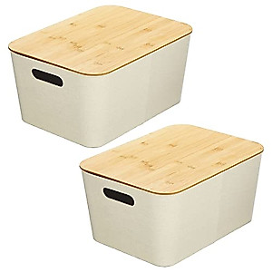 mDesign Fabric Basket with Lid - Stacking Decorative Storage Bin Box with Bamboo Lid Cover for Closet, Bedroom, Living Room or Office - Holds Clothing, Linens, and Accessories, 2 Pack, Cream