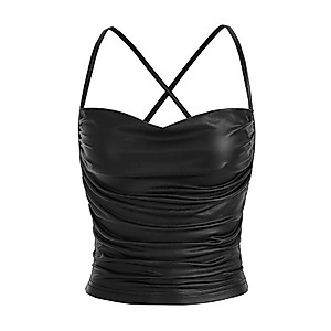 Floerns Women's PU Leather Crisscross Backless Cowl Neck Draped Crop Cami Top Black L