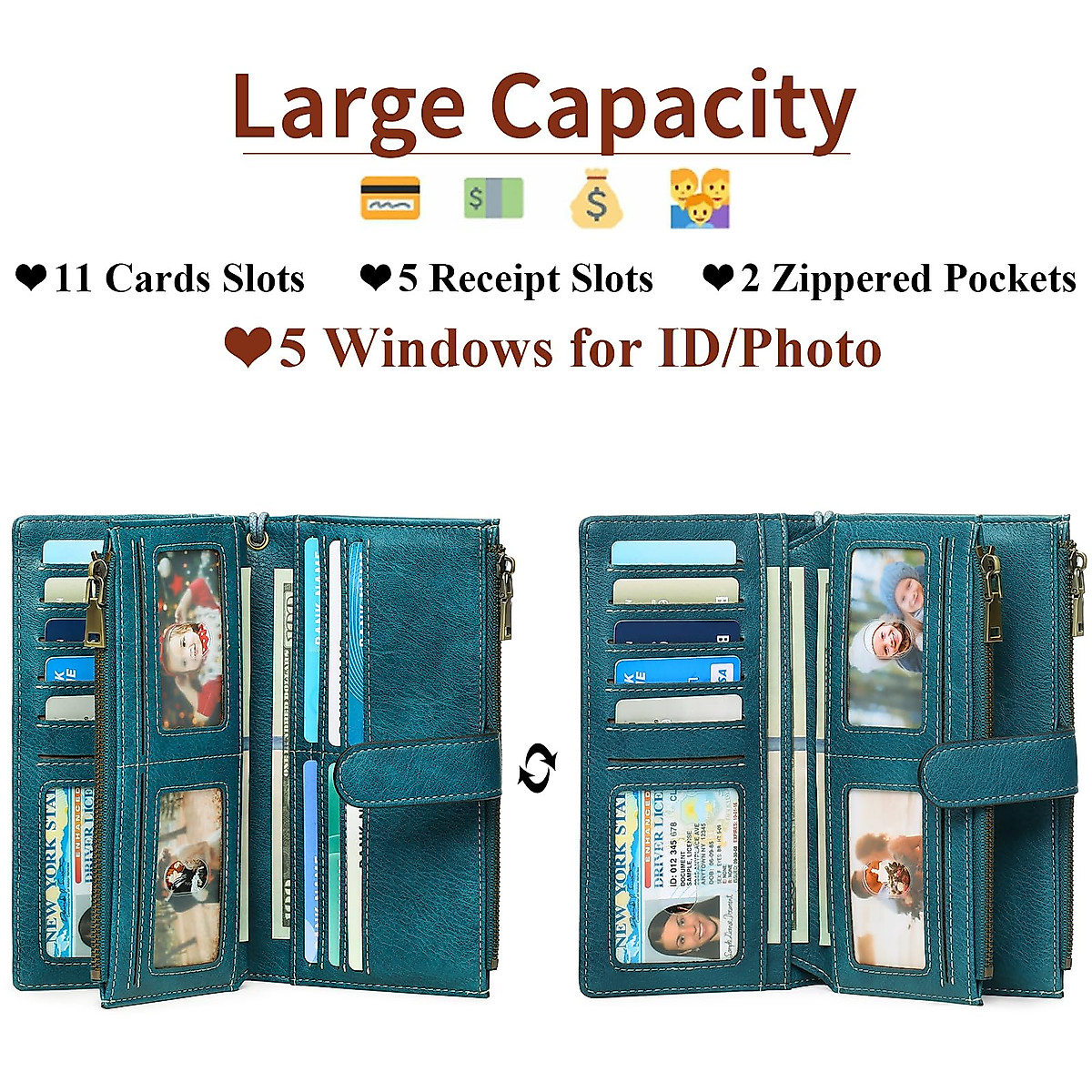 GOIACII Womens Wallets Large Capacity Credit Card Holder Rfid Wallet Women Double Zipper Pocket Leather Bifold Ladies Wristlet Clutch Wallet