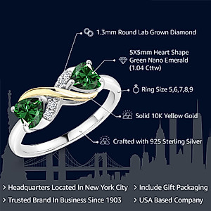 Gem Stone King 925 Sterling Silver and 10K Yellow Gold Green Nano Emerald and White Lab Grown Diamond Ring For Women (1.04 Cttw, Heart Shape 5MM, Available in size 5, 6, 7, 8, 9)