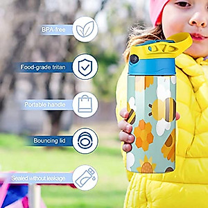 Thermos Cup 500Ml Bee Flower Insulated Water Bottle With Straw For Sports And Travel 7.5x2.7 in