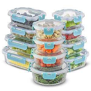 JoyJolt 24pc Fluted Glass Storage Containers with Lids. 12 Airtight, Freezer Safe Food Storage Containers, Pantry Kitchen Storage Containers, Glass Meal Prep Containers for Lunch