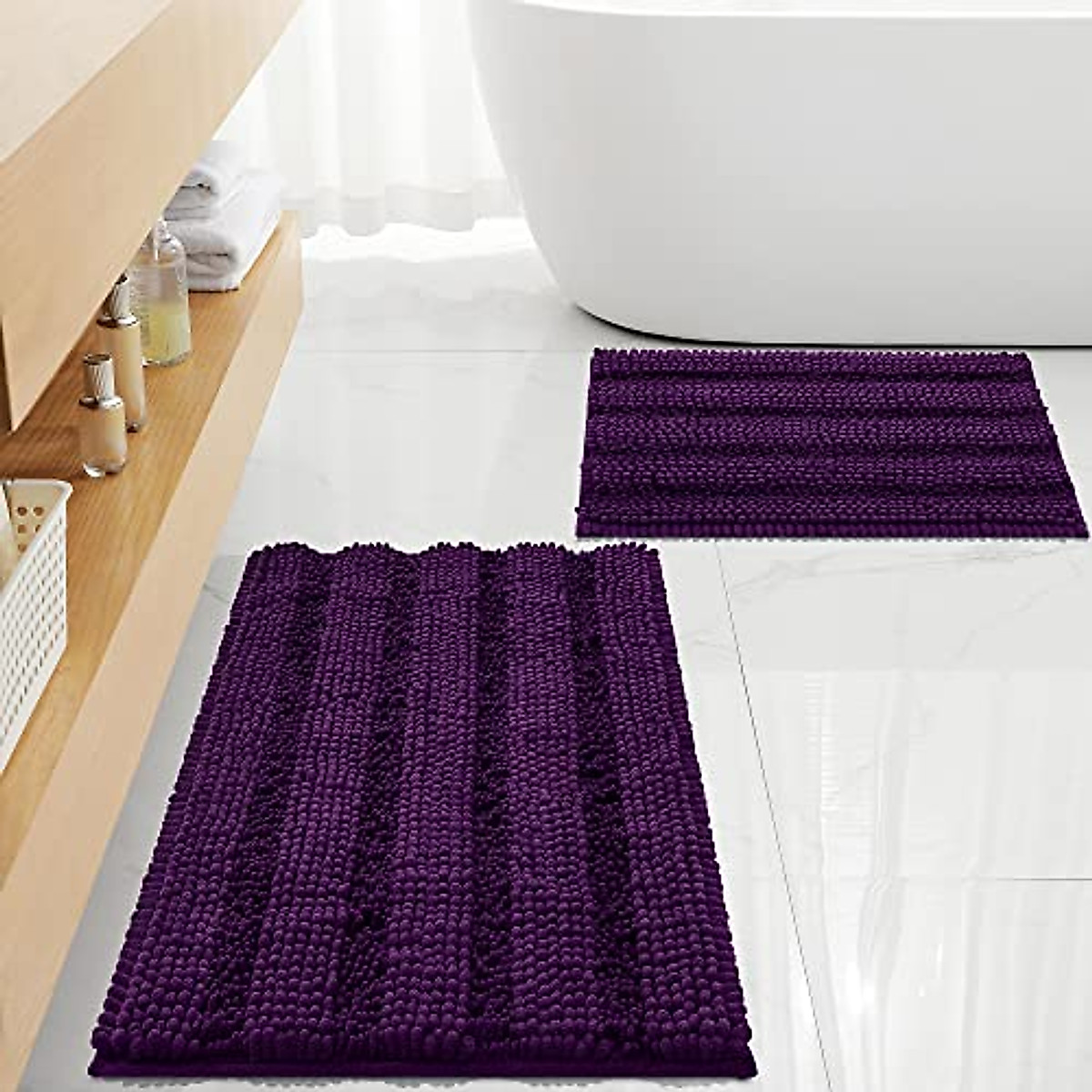 FLOLEOPA Non Slip Thick Shaggy Chenille Plum Bathroom Rug Sets 2 Piece, Thickened Hot Melt Rubber Bottom Bath Mats for Bathroom, Bath Rugs Quick Dry Machine Washable for Shower Mat