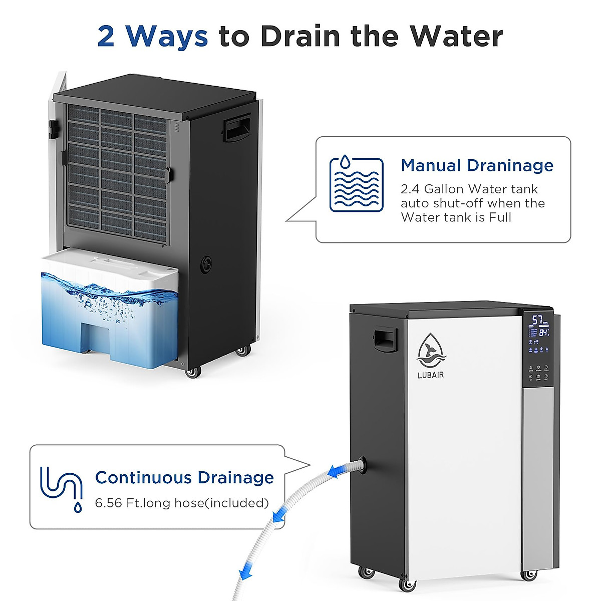 LUBAIR 190 Pint Commercial Dehumidifier for Basement with Drain Hose Dehumidifier for Large Room and 2.4 Gal Water Tank for Commercial Spaces to 7000 Sq.Ft.Auto Defrost.