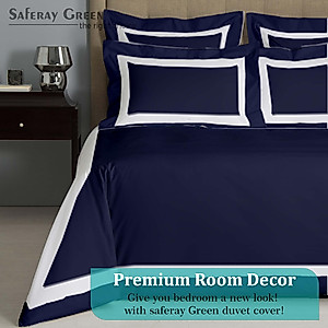 Saferay Green Hotel Luxury 3pc Two Tone Duvet Cover Set-850 Thread Count 100% Organic Cotton Premium Bedding Collection Queen Size 90 x 90 Inches Machine Washable (White & Navy Blue)