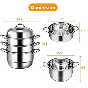PETSITE 3-Tier Stainless Steel Steamer Pot, 11" Multi-Layer Cooking Pot, Steam Pot with Handles & Tempered Glass Lid, Steamer for Cooking