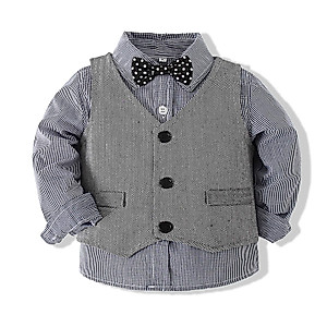 Xiangwu Textitle Baby Boy Gentleman Set with Dress Shirt+Bow Tie+Vest and Pants 3PC Set, Gray Plaid, 18-24 Months