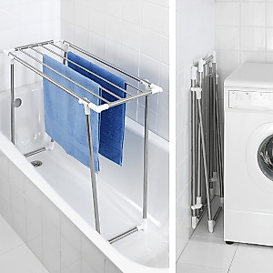 WENKO Clothes Drying Rack, Collapsible Laundry Rack, Indoor and Outdoor Drying Rack, Garment Drying Rack for Balcony, Bathroom, Bedroom, Stainless Steel, 34.3 x 31.1 x 15.4 in, Silver Matt