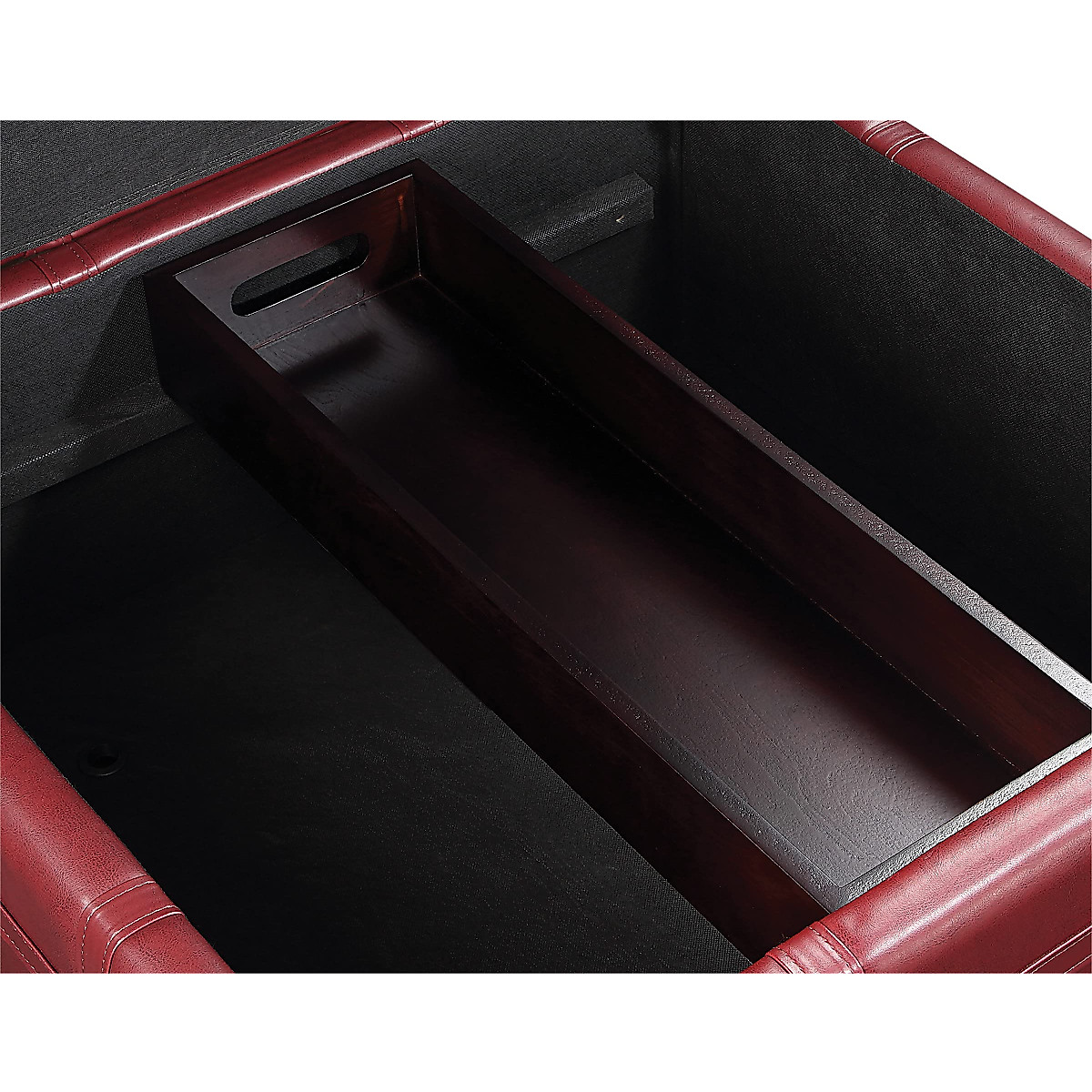 OSP Home Furnishings Detour Strap Square Storage Ottoman with Tray and Solid Wood Legs, Crimson Red Faux Leather