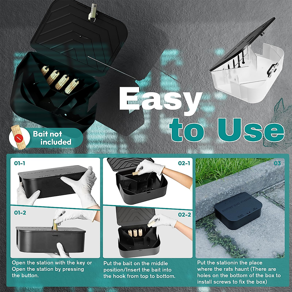 Rat Station Box with 1 Key, Complete Rodent Solution Keeps Rats Away, Pet & Child-Safe, Lock & Key Available, Reusable & Long-Lasting, Indoor & Outdoor, 6 Pack