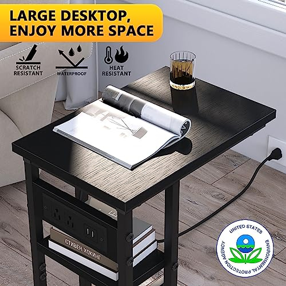 C Table End Table with Charging Station, 2 Tier C Shaped Side Table Bedside Tables with Power Outlets & USB Ports for Living Room Bedroom, C Shaped Sofa Couch Snack Tables for Small Space, Black