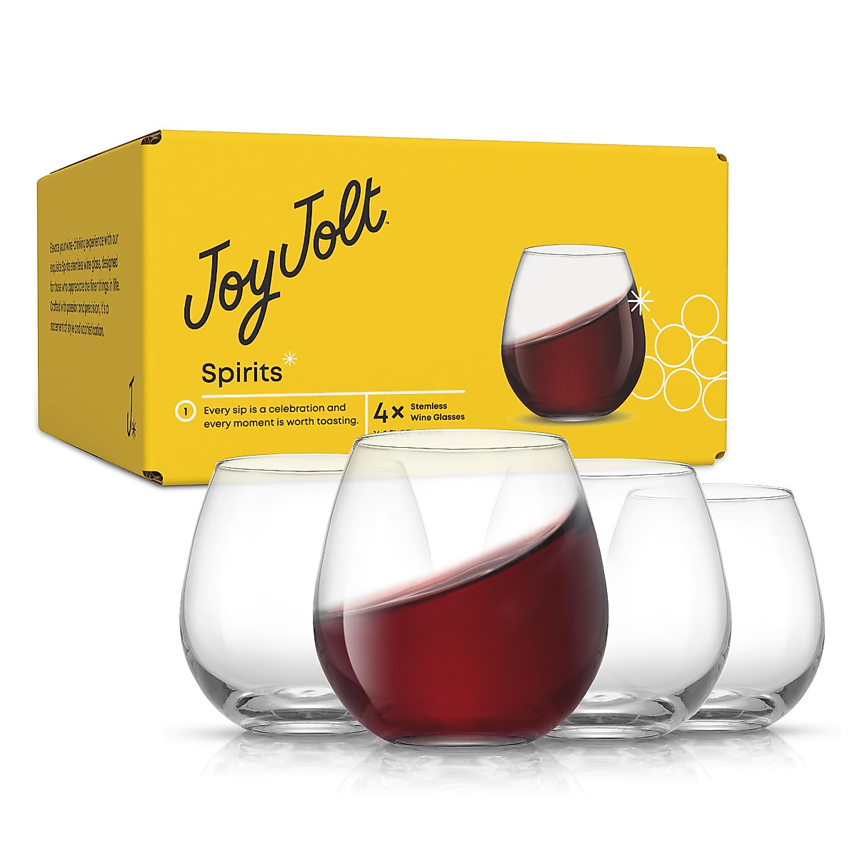 JoyJolt Spirits Stemless Wine Glasses for Red or White Wine (Set of 4)-15-Ounces