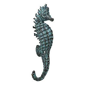 Ebros Verdigris Coastal Marine Ocean Nautical Seahorse Single Wall Mounted Brass Coat Hook Figurine Nautical Sea Life Metal Hangers or Hooks Decor Sculpture Seahorses Coral Reef Creatures (2)