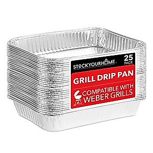 Stock Your Home 2” Aluminum Drip Pan (25 Count) Disposable Foil Liner, Compatible with Weber Grills, Dripping Pans, BBQ Grease Tray to Catch Oil, Outdoor Weber Grill Accessories