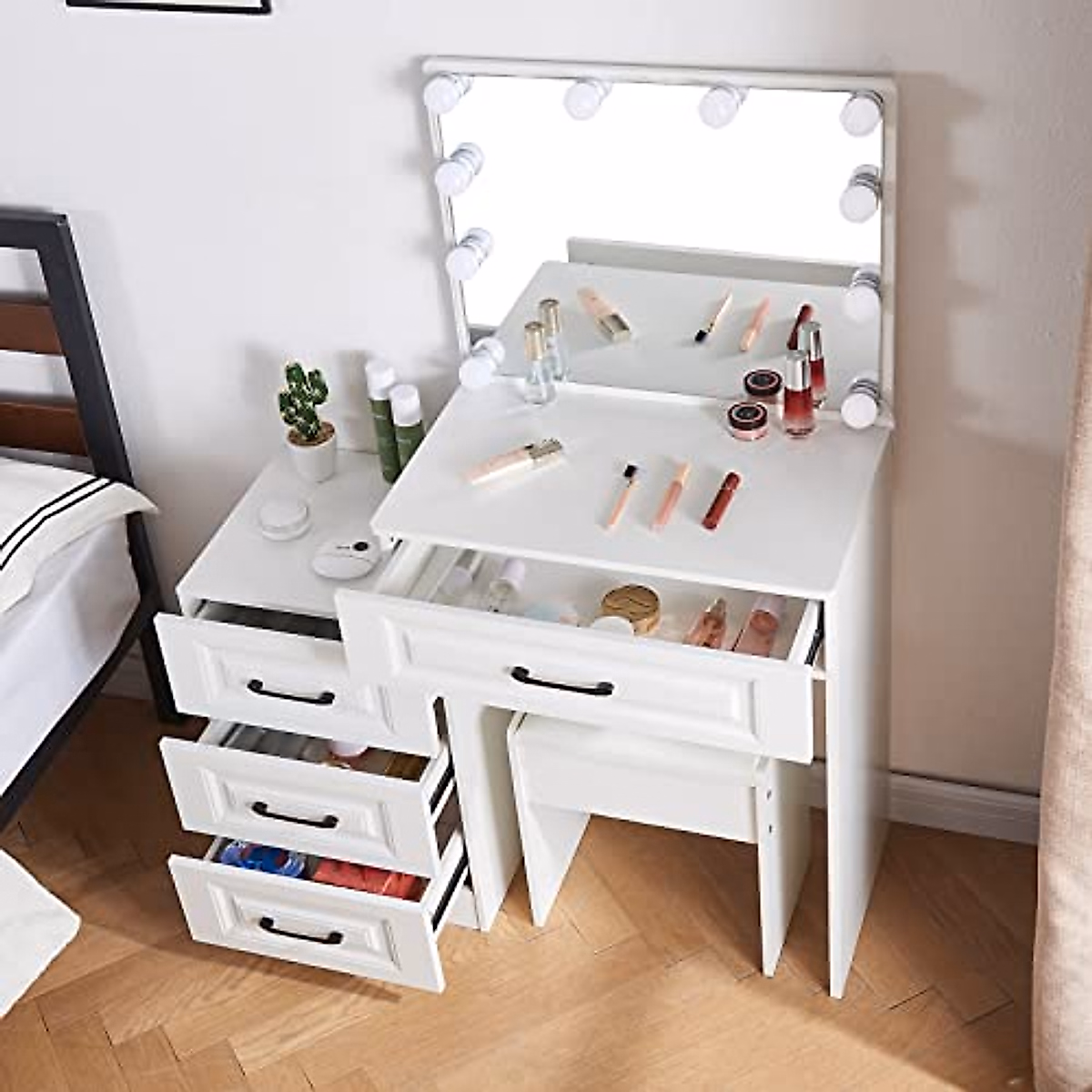 Buildonely Vanity Set with Dimmable LED Light Bulbs and 4 Large Capacity Drawers, Vanity Desk with Mirror and Lights for Makeup, Hair, and Skin Care, Vanity Table for Dressing Room and Bedroom