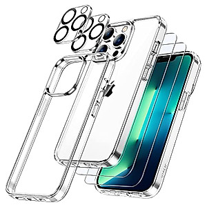 JETech 3 in 1 Case for iPhone 13 Pro 6.1-Inch, with 2-Pack Screen Protector and 2-Pack Camera Lens Protector, Non-Yellowing Shockproof Bumper Phone Cover, Full Coverage Tempered Glass Film (Clear)
