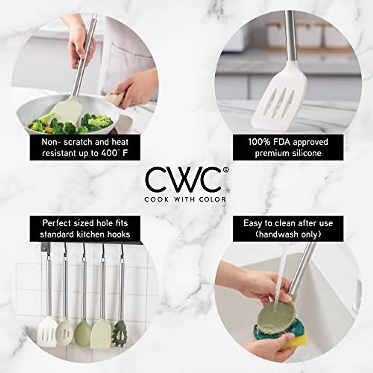 COOK WITH COLOR Silicone Cooking Utensils, Kitchen Utensil Set, Easy to Clean Silicone Kitchen Utensils, Cooking Utensils for Nonstick Cookware, Kitchen Gadgets Set, 5 Pieces, Green