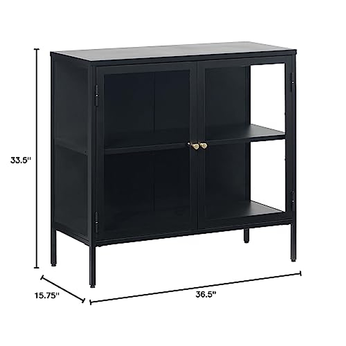 Modern Dover 2-Section Sideboard with Tempered Glass Doors, Steel Frame, Adjustable Height Feet, Freestanding for Home Office, Living Room, ‎Bathroom, Nursery, Bedroom, 15.75x36.5x33.5 in., Black/Gold