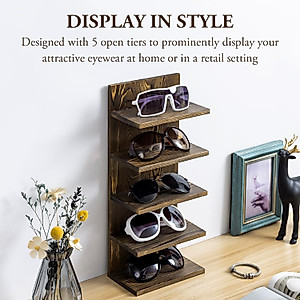MyGift 5 Tier Rustic Burnt Solid Wood Sunglasses Holder Rack, Wall Mounted Eye Glasses Shelf or Tabletop Display Stand, Retail Eyewear Showcase Storage Organizer